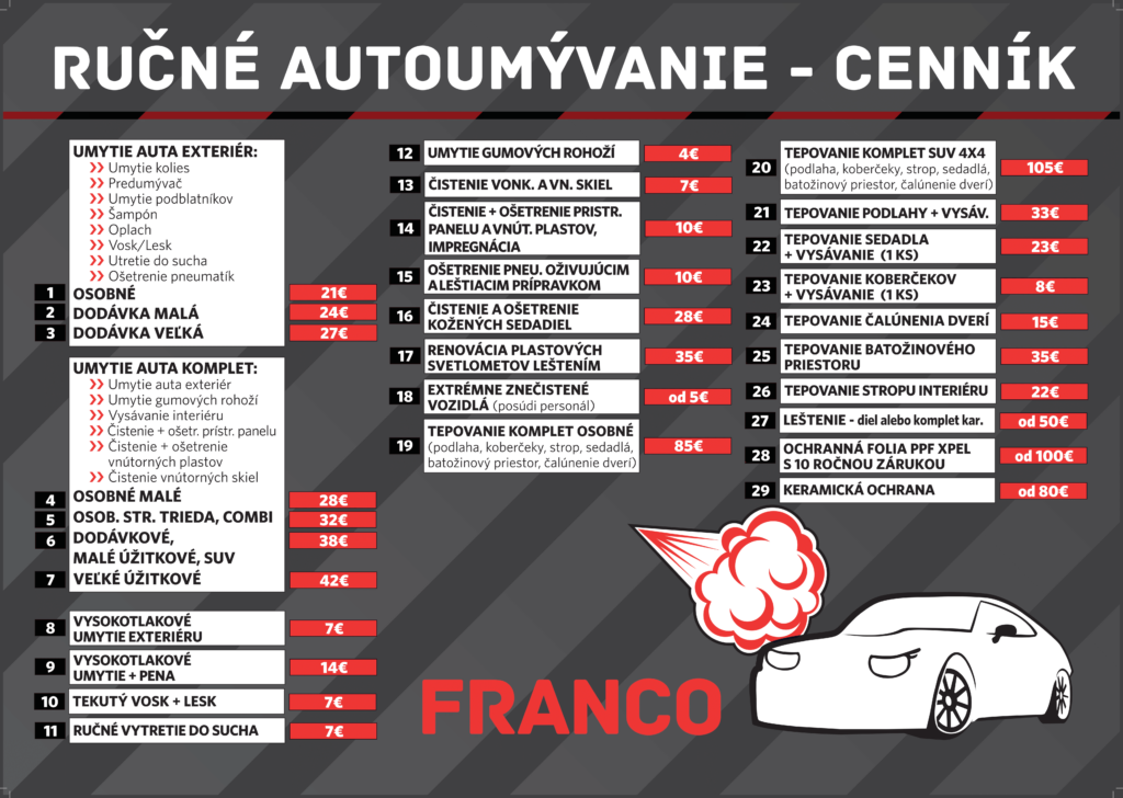 Cenník - Franco Car Wash - Prémiové Služby Pre Vaše Auto